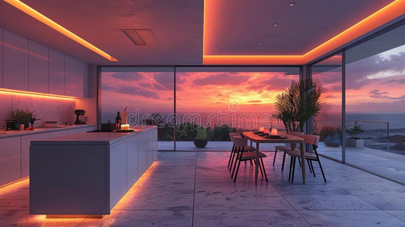 Modern Kitchen with Ocean View at Sunset - Generative Ai Stock ...