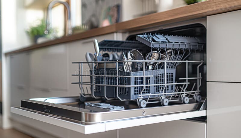 Modern Kitchen with an Open Dishwasher Stock Photo - Image of ...