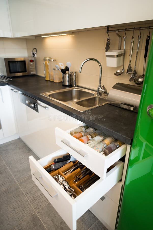 Modern Kitchen with Open Drawers Stock Photo - Image of room, modern ...