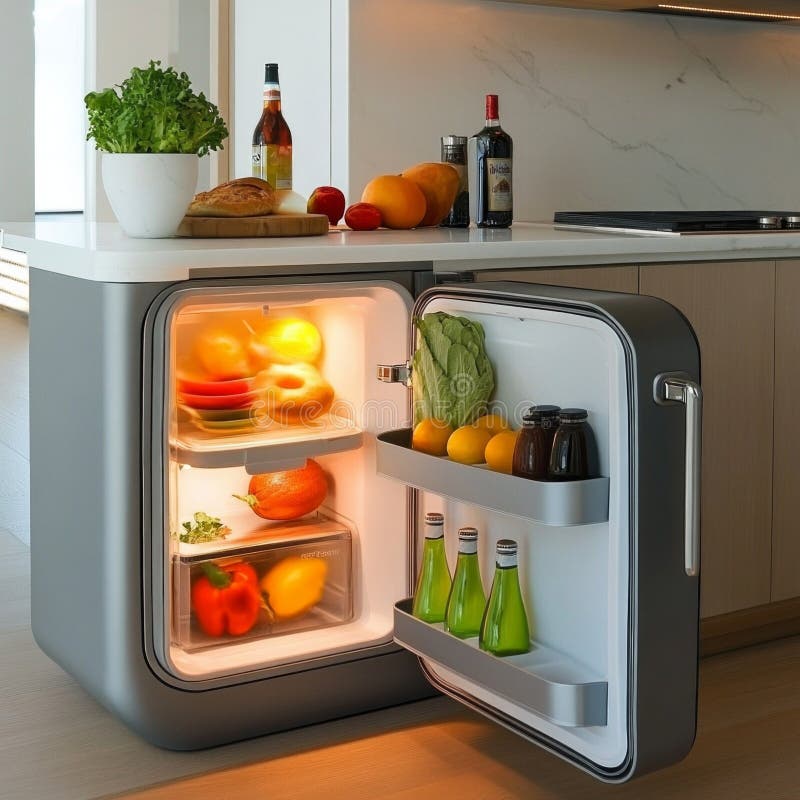 Modern Kitchen with Open Mini Fridge Filled with Fresh Vegetables and ...