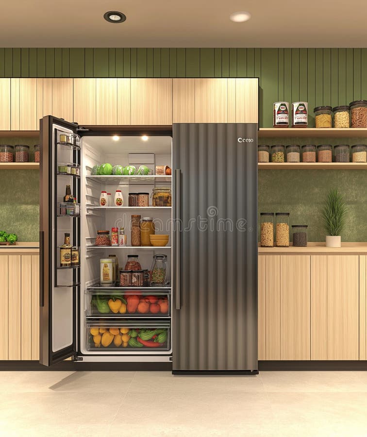 Modern Kitchen with Open Refrigerator Displaying Fresh Produce and ...