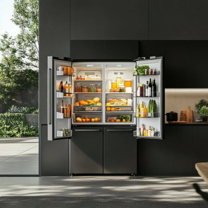 Modern Kitchen with Open Refrigerator Filled with Fresh Produce and ...