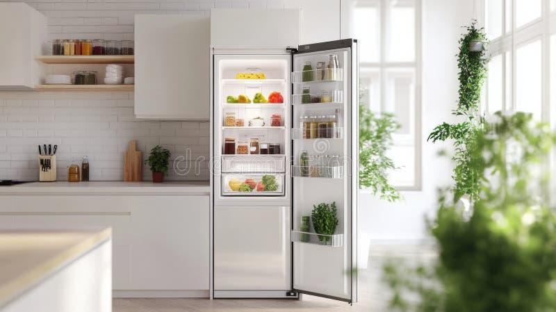 Modern Kitchen with Open Refrigerator Filled with Fresh Produce and ...