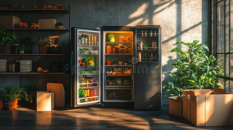 Modern Kitchen with Open Refrigerator Filled with Fresh Produce and ...