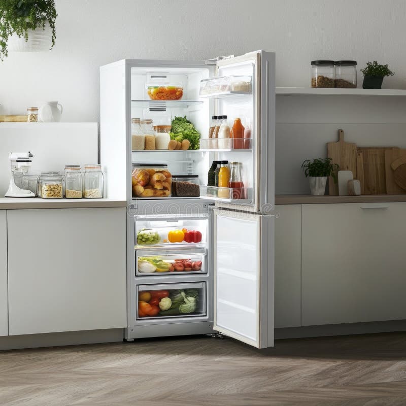 Modern Kitchen with Open Refrigerator Full of Fresh Groceries Stock ...