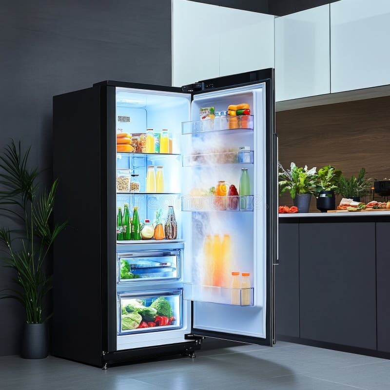 Modern Kitchen with Open Refrigerator Full of Groceries and Fresh ...