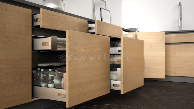 Modern Kitchen, Opened Wooden Drawers with Accessories Inside, S Stock ...