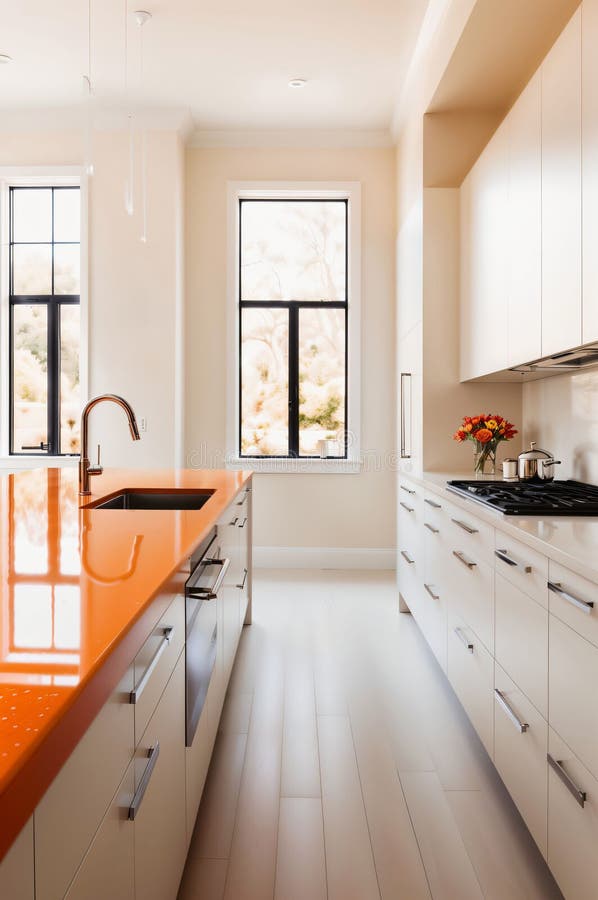 Modern Kitchen with Orange Countertop and White Cabinets Stock ...