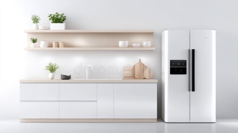 Modern Kitchen Organization, White Refrigerator and Wooden Shelf ...
