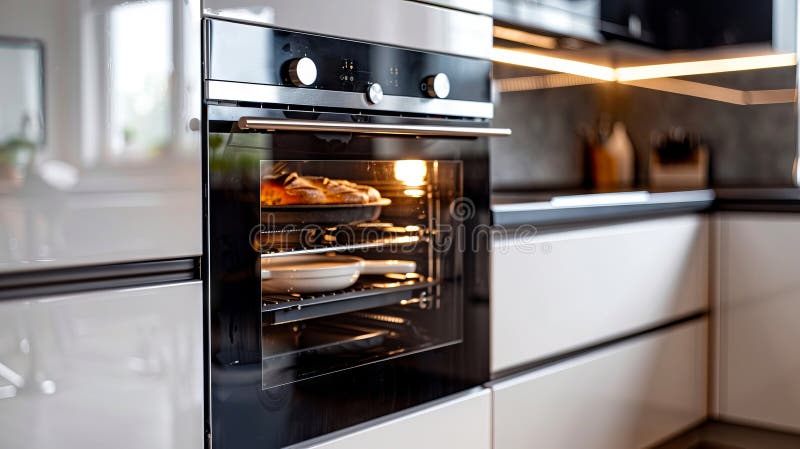 A Modern Kitchen with an Oven and Food Inside Stock Photo - Image of ...