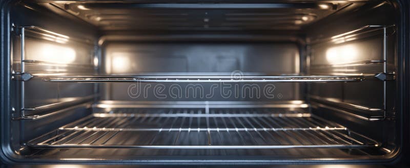 The Modern Kitchen Oven Interior with Shining Shelves and Lighting. AI ...