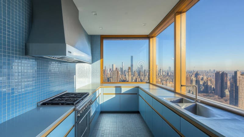 Modern Kitchen with Panoramic City View Overlooking Skyline in Bright ...