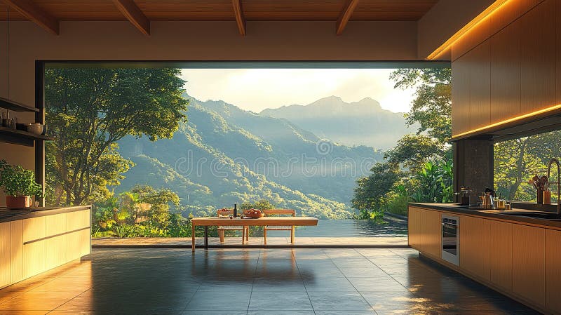 Modern Kitchen with Panoramic Mountain View, Sunlight Streaming through ...