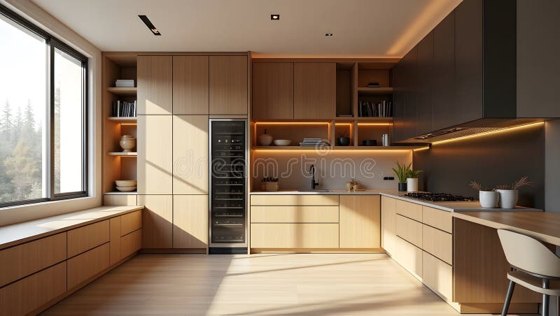 Modern Kitchen Pantry in Office, Built-in Fridge Stock Illustration ...
