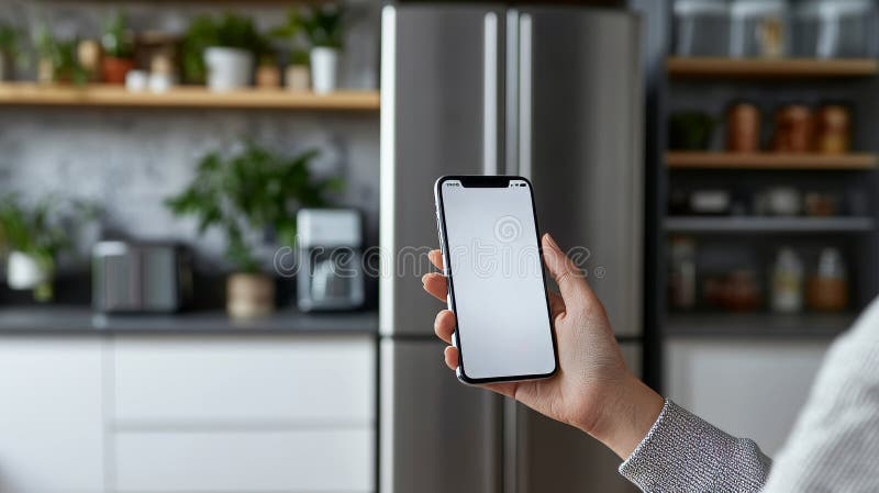 Modern Kitchen, Person Holds Smartphone with Blank White Screen ...