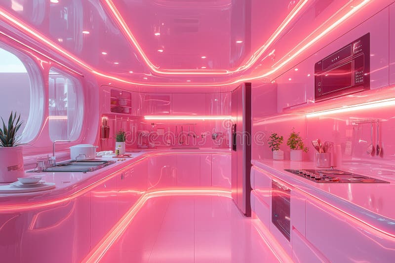 Modern Kitchen with Pink Neon Lights, Sleek Surfaces, and Futuristic ...