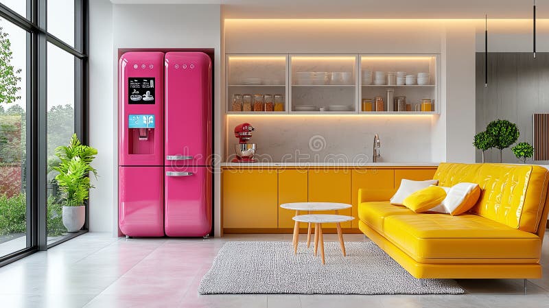 Modern Kitchen with Pink Refrigerator and Yellow Sofa, Creating a ...