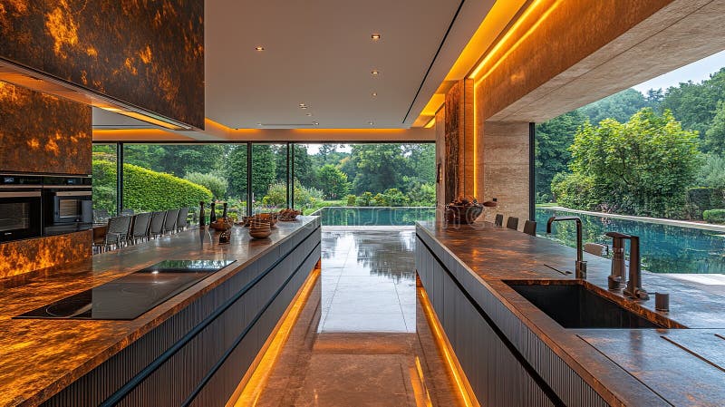 Modern Kitchen with Pool View Stock Illustration - Illustration of ...