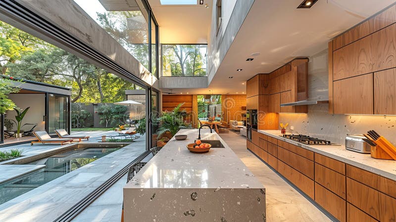 Modern Kitchen with Pool View Stock Illustration - Illustration of ...