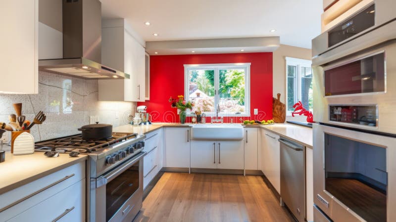 Modern Kitchen with Red Accent Wall and Window View Stock Image - Image ...