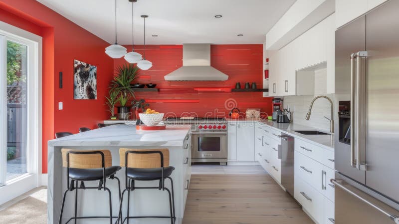 Modern Kitchen with Red Backsplash and Island Stock Photo - Image of ...