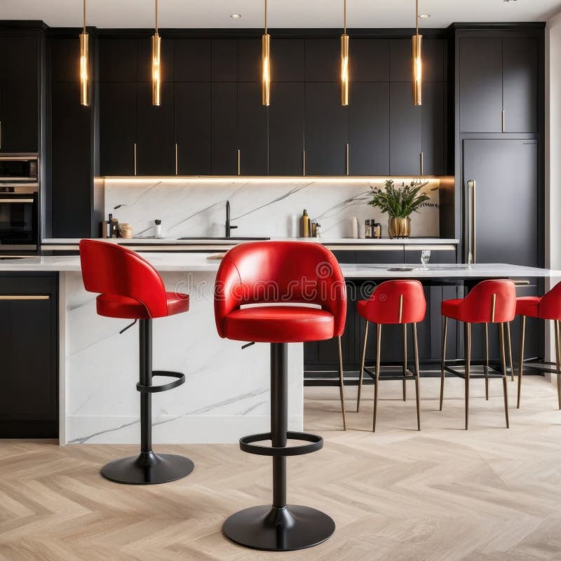 Modern Kitchen with Red Bar Stools and Black Cabinets in Contemporary ...