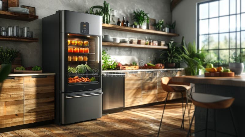 Modern Kitchen with Refrigerator and Table with Chairs Stock Photo ...