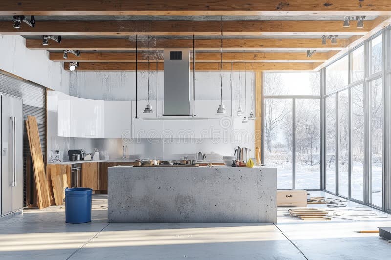 Modern Kitchen in Renovation Open Concept Space with Exposed Beams and ...