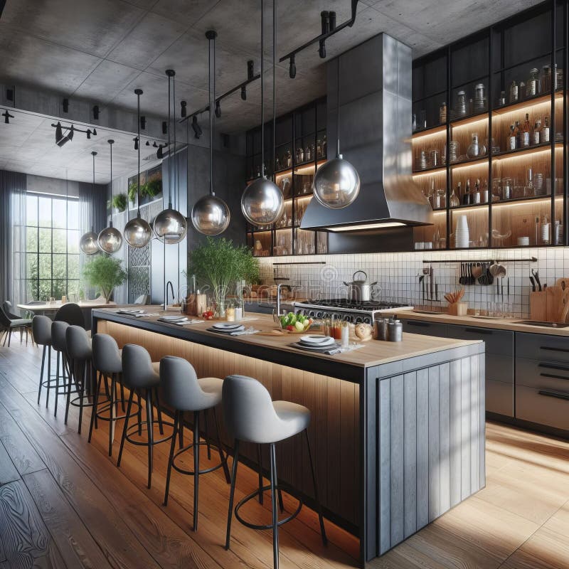 A Modern Kitchen at Restaurant Boasts a Large Island with Bar Seating ...