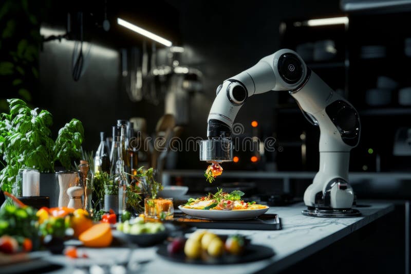 A Modern Kitchen with a Robotic Arm Preparing Gourmet Dishes. the ...