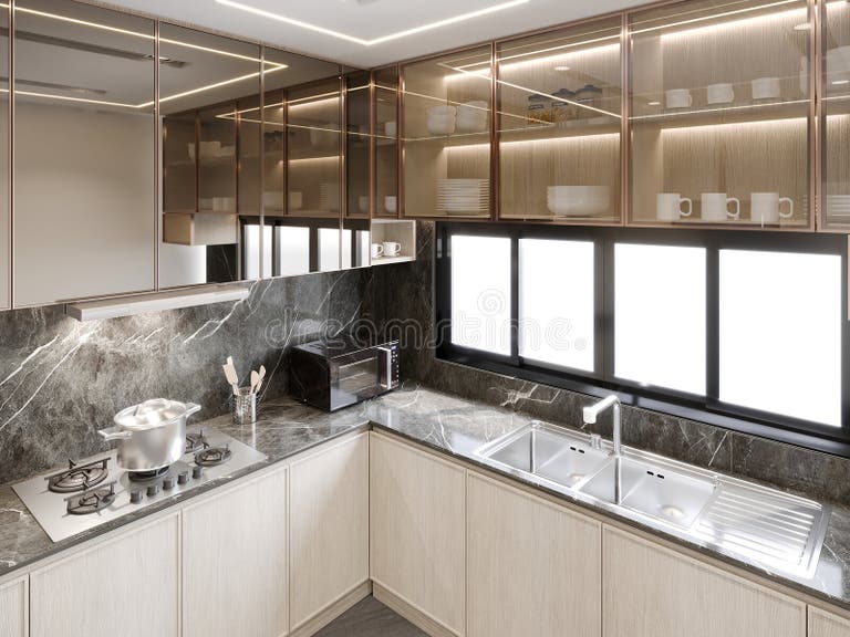 Modern Kitchen Room Interior Design, 3d Stock Illustration ...