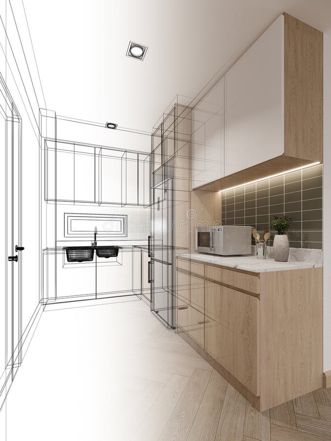 Modern Kitchen Room Interior Design, 3d Stock Illustration ...