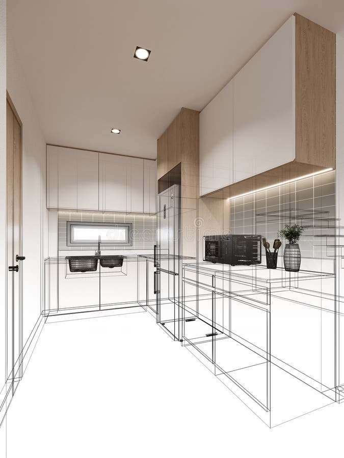 Modern Kitchen Room Interior Design, 3d Stock Illustration ...