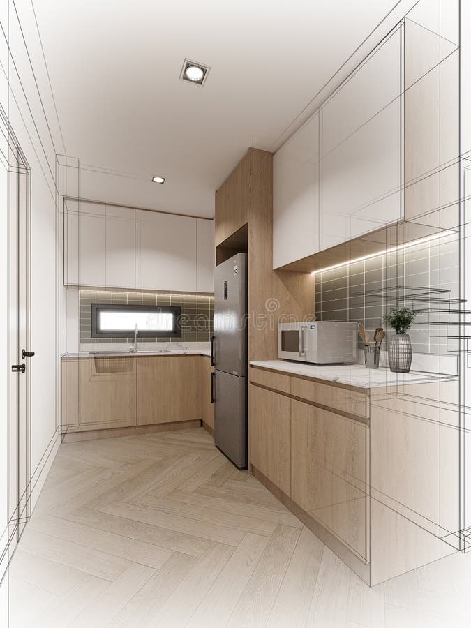 Modern Kitchen Room Interior Design, 3d Stock Illustration ...