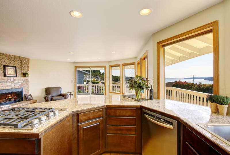 Modern Kitchen Room Interior with Many Windows and Perfect View. Stock ...