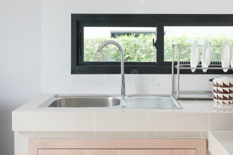 Modern Kitchen Room with Sink on Counter Stock Image - Image of white ...