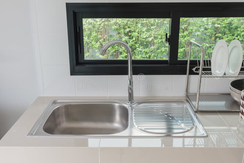 Modern Kitchen Room with Sink on Counter Stock Image - Image of plate ...