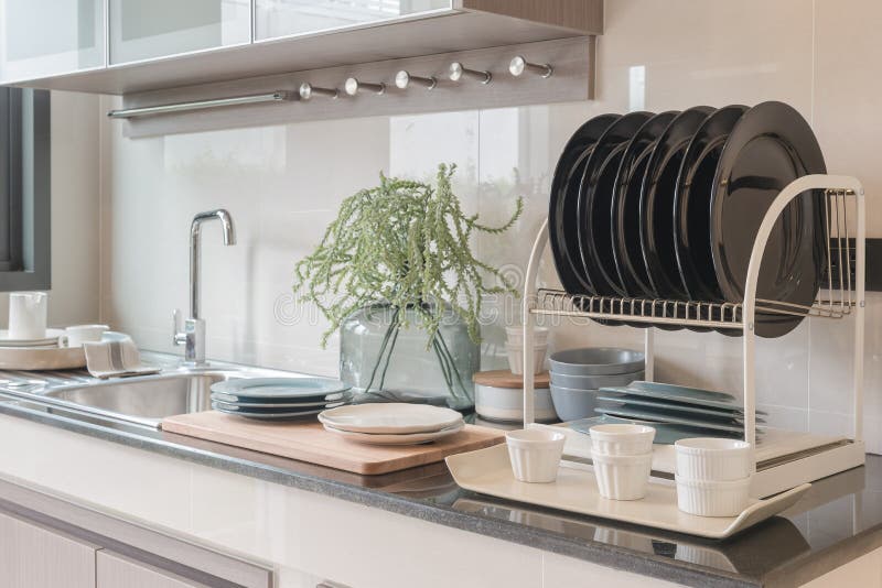 Modern Kitchen Room with Sink on Top Granite Counter Stock Image ...