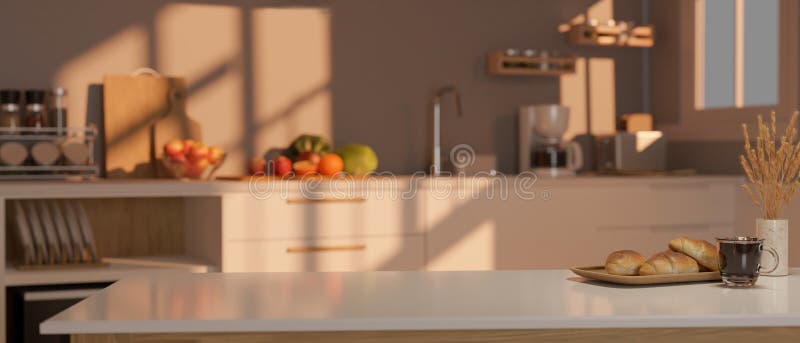 Modern Kitchen Room with White Table with Copy Space Stock Illustration ...