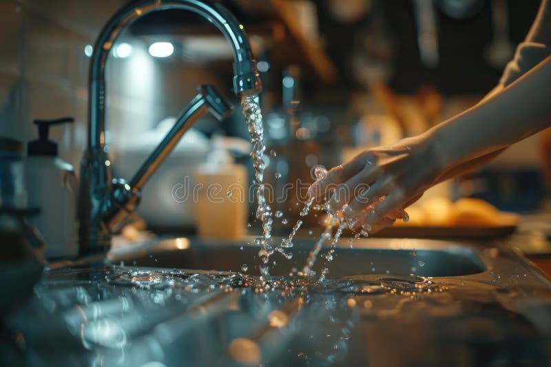 Modern Kitchen with Running Water in Sink and Woman Cooking in the ...