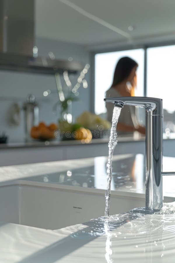 Modern Kitchen with Running Water in Sink and Woman Cooking in the ...