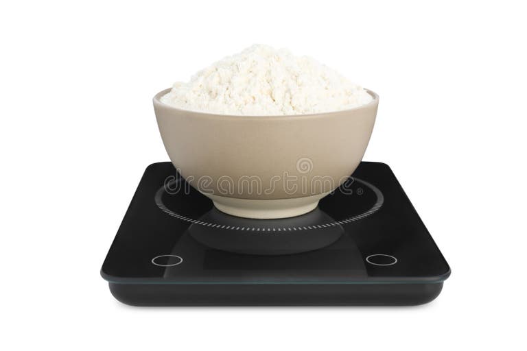 Modern Kitchen Scale with Bowl of Flour Isolated on White Stock Photo ...