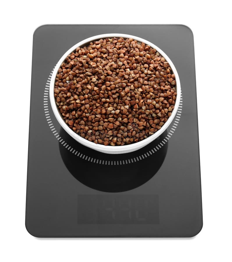 Modern Kitchen Scale with Bowl of Raw Buckwheat Isolated on White Stock ...