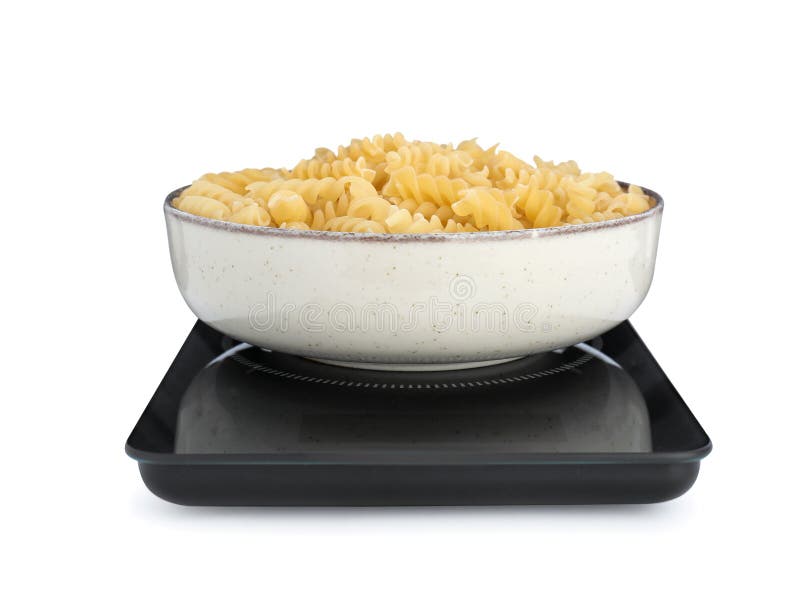 Modern Kitchen Scale with Bowl of Raw Pasta Isolated on White Stock ...