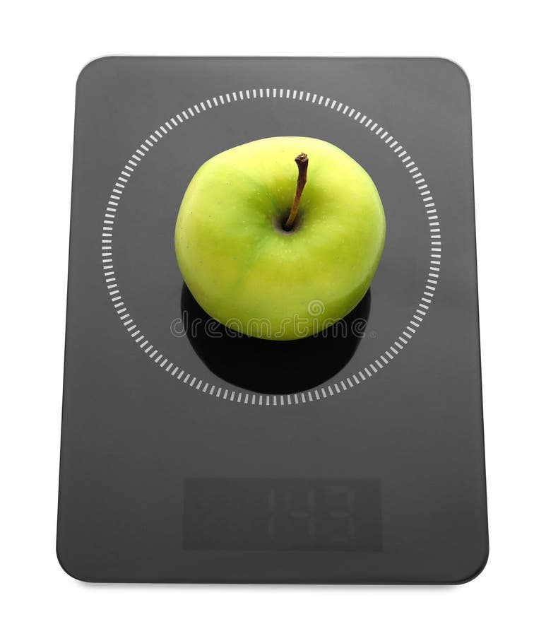 Modern Kitchen Scale with Fresh Green Apple Isolated on White Stock ...