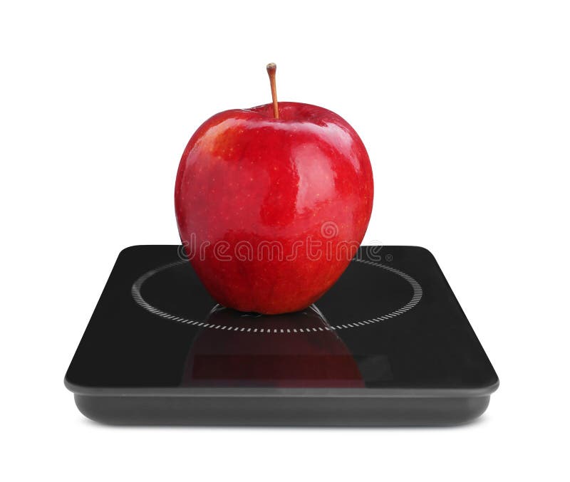 Modern Kitchen Scale with Fresh Red Apple Isolated on White Stock Image ...