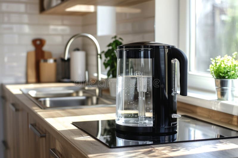 A Modern Kitchen Scene Featuring a Black Electric Kettle on a Sleek ...