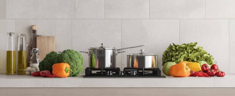 The Modern Kitchen Scene Featuring Fresh Vegetables and Cooking Pots on ...