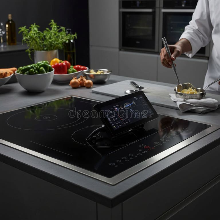 Modern Kitchen Scene Featuring a Sleek Black Induction Cooktop with a ...