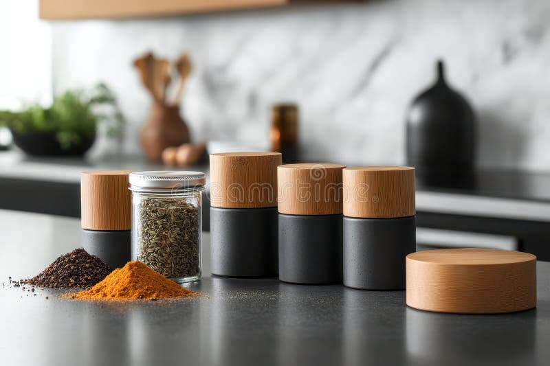 A Modern Kitchen Scene Featuring Spice Containers and Herbs on a ...